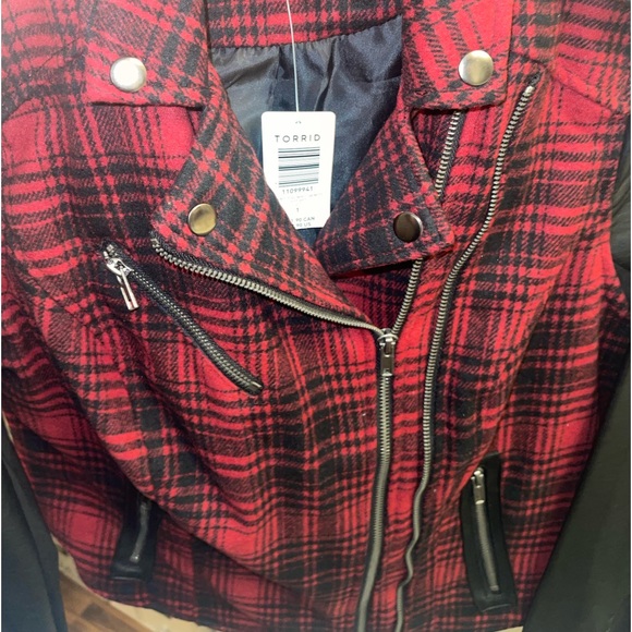torrid | Jackets & Coats | Torrid Red Black Plaid Mixed Fabric Moto ...